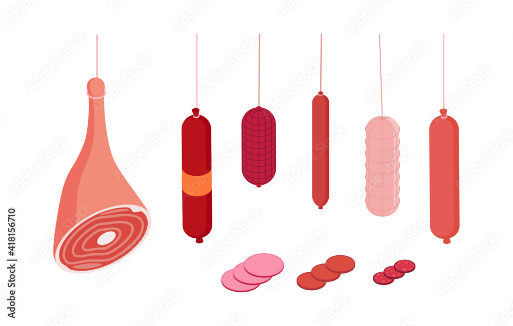 Meat and ham set, butcher shop. Isometric vector illustration in flat ...