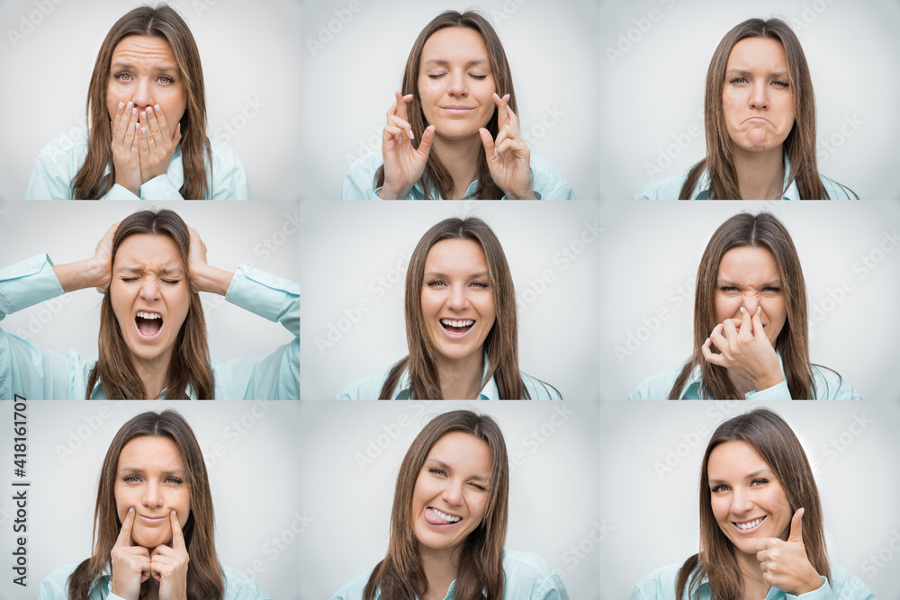 Set of beautiful woman portraits with different facial emotions or ...