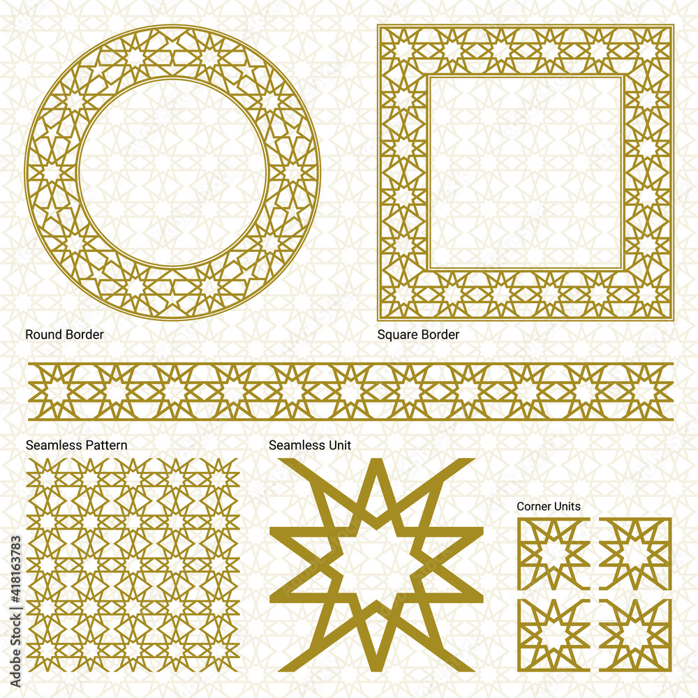 Ornament border, square frame, circle frame and seamless Oriental ...