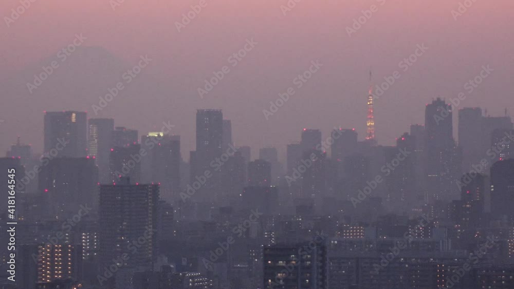 TOKYO, JAPAN : Aerial sunrise CITYSCAPE of TOKYO and MOUNT FUJI. Dawn ...