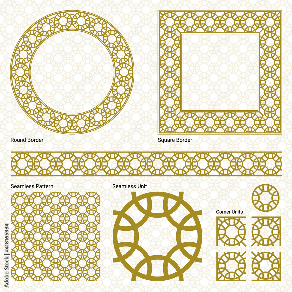 Ornament border, square frame, circle frame and a seamless Oriental ...
