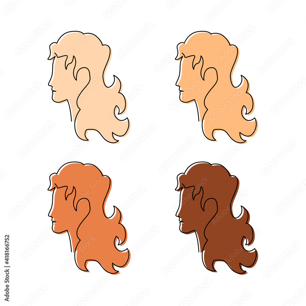 Vector illustration of a profile of a woman with long curly hair. Four ...