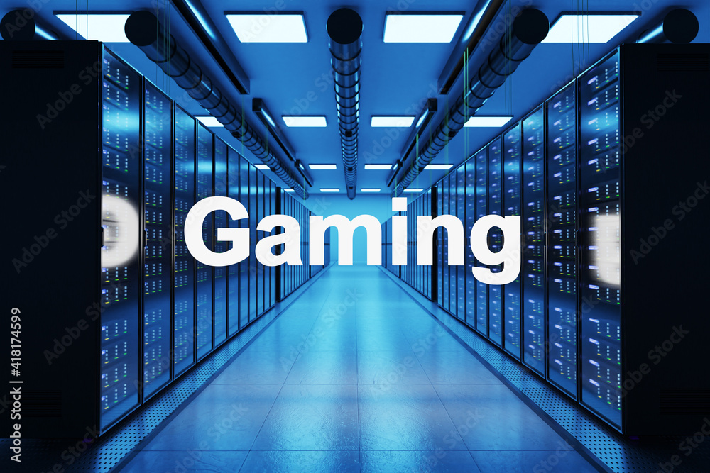 gaming logo in large modern data center with multiple rows of network ...