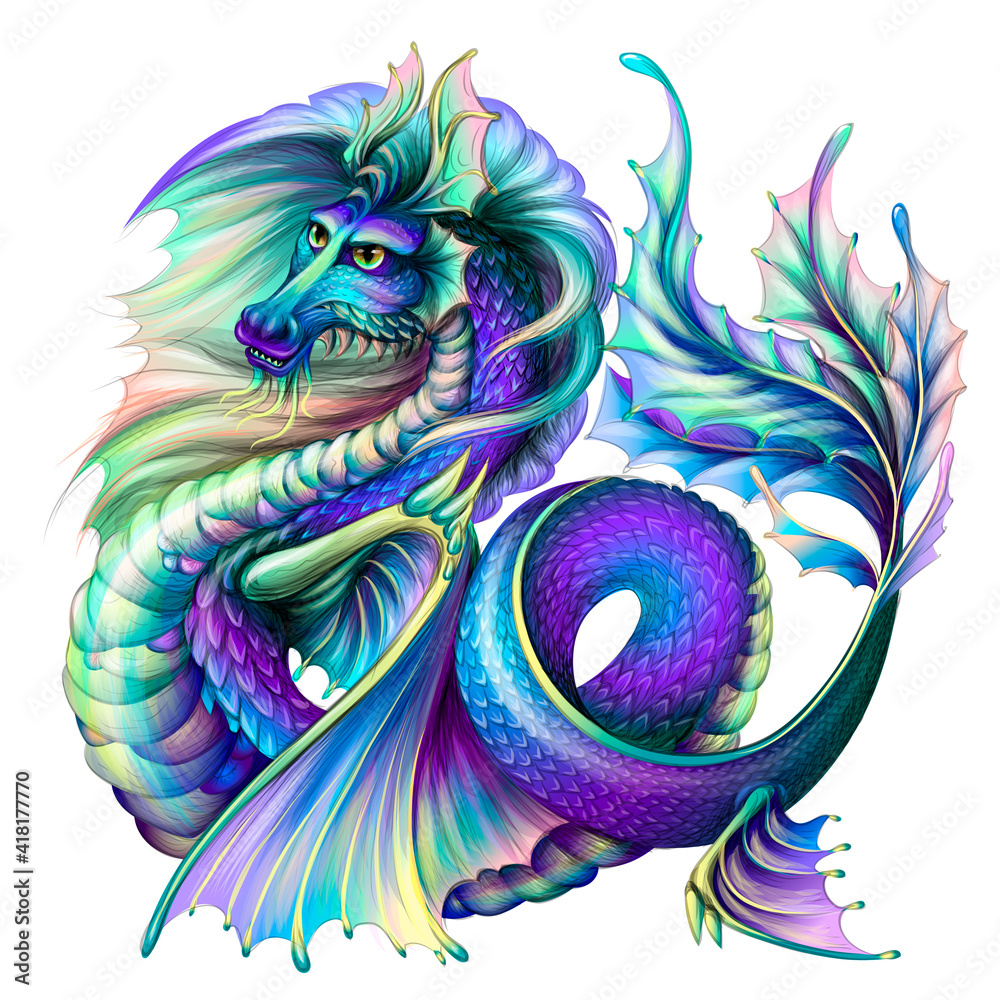 Dragon. Multi-colored, water dragon in watercolor style on a white ...