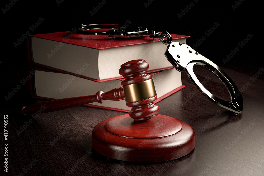 Law Day card - wooden judge gavel, handcuffs and soundboard ilustração ...