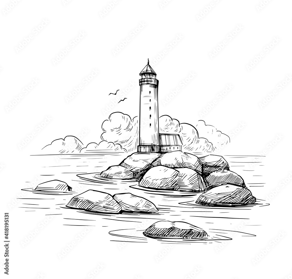 Seascape sketch. Lighthouse, sea, rocks. Hand drawn illustration ...