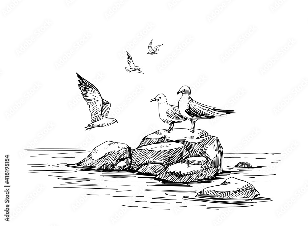 Seascape sketch. Sea, rocks, seagulls, landscape. Hand drawn ...