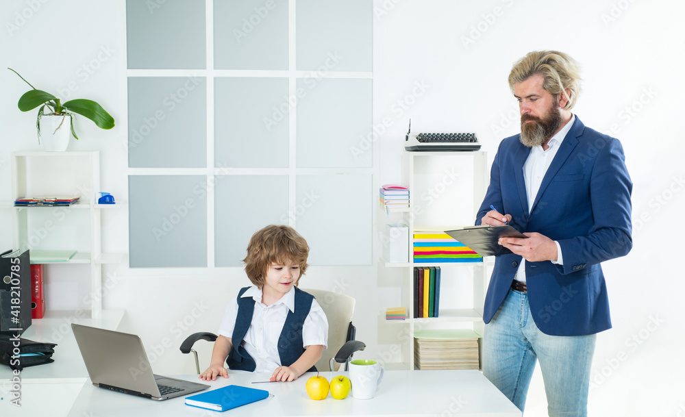 Marketing team meeting brainstorming research. Cute kid sitting in ...
