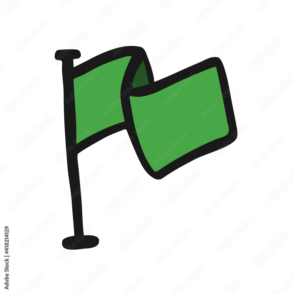 Vector green flag icon in hand drawn style. Colorful isolated symbol ...