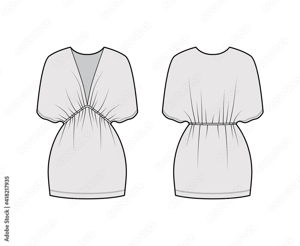 Kaftan dress technical fashion illustration with deep V-neck, batwing ...