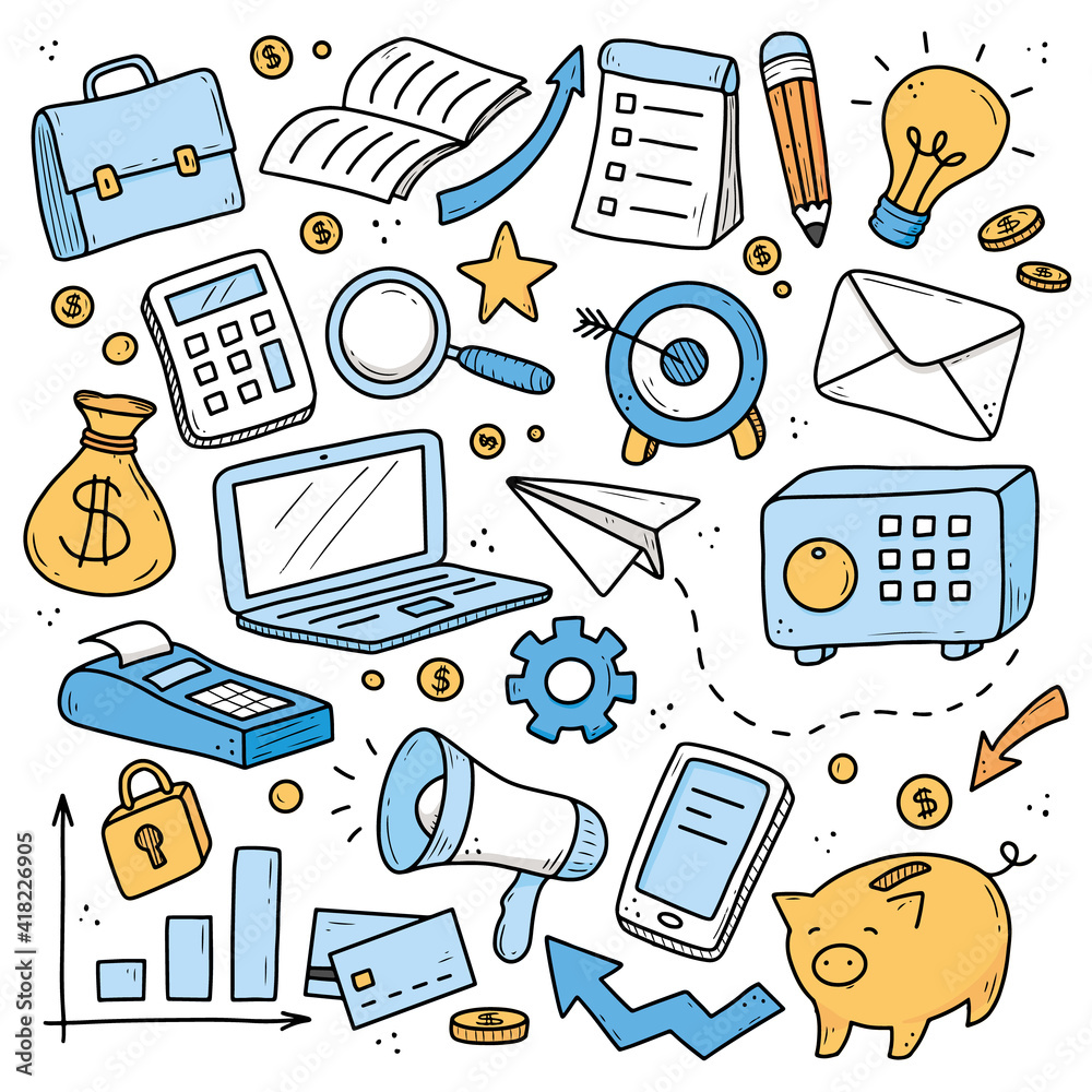 Hand drawn set of business and finance elements, coin, calculator ...