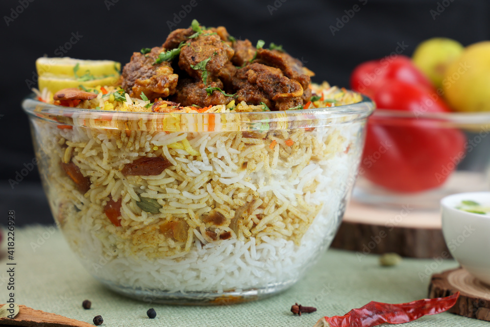 Mutton Gosht Biryani Spicy Indian Malabar lamb meat biryani Hyderabadi ...
