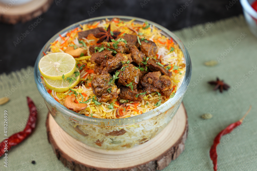 Mutton Gosht Biryani Spicy Indian Malabar lamb meat biryani Hyderabadi ...