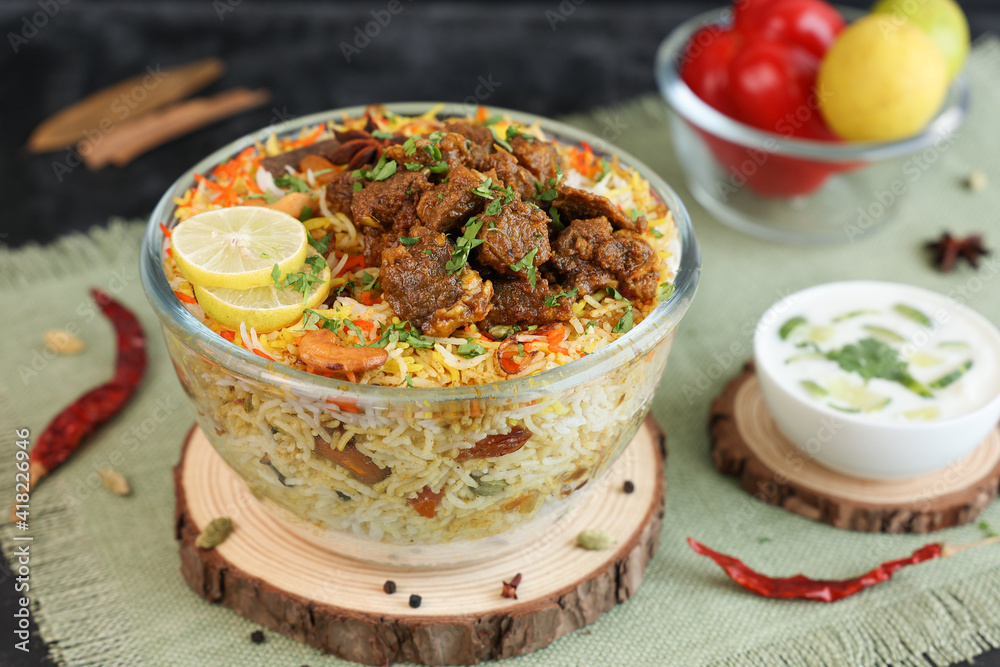 Mutton Gosht Biryani Spicy Indian Malabar lamb meat biryani Hyderabadi ...