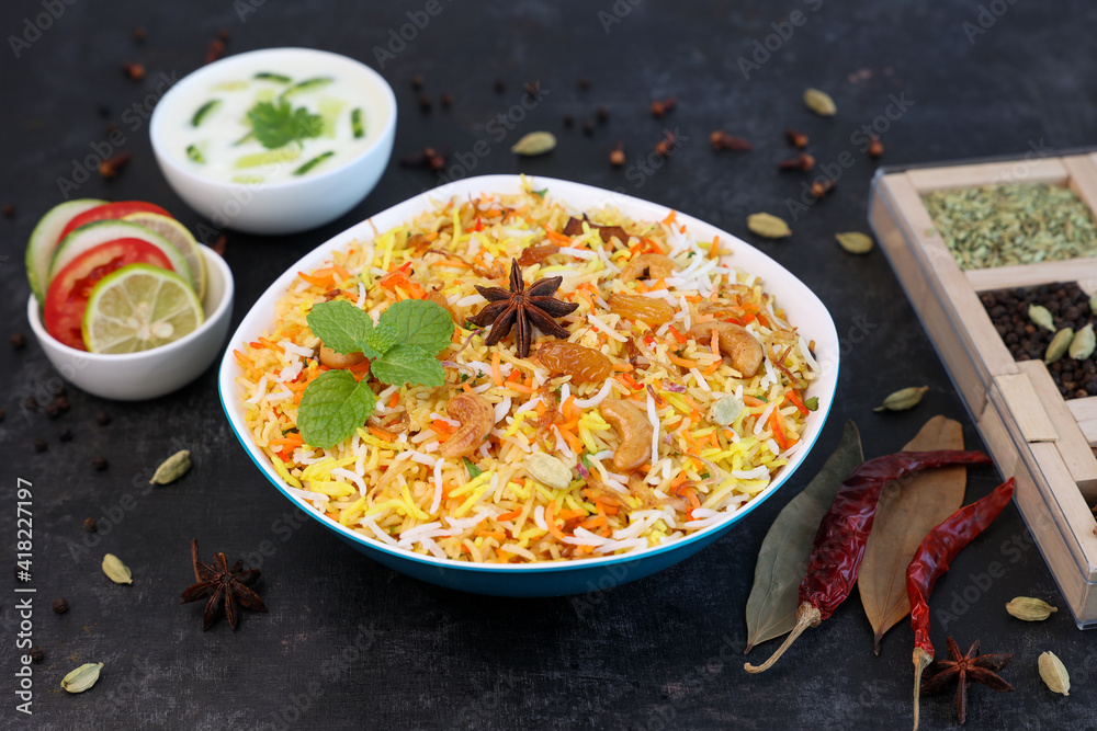 Vegetable biryani biriyani , Hyderabadi Shahi Pulao and raita Pilaf ...