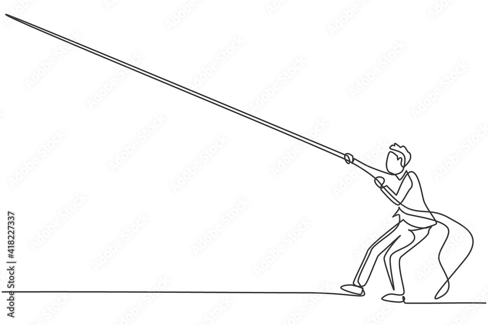 Continuous one line drawing young male entrepreneur pulling rope up to ...