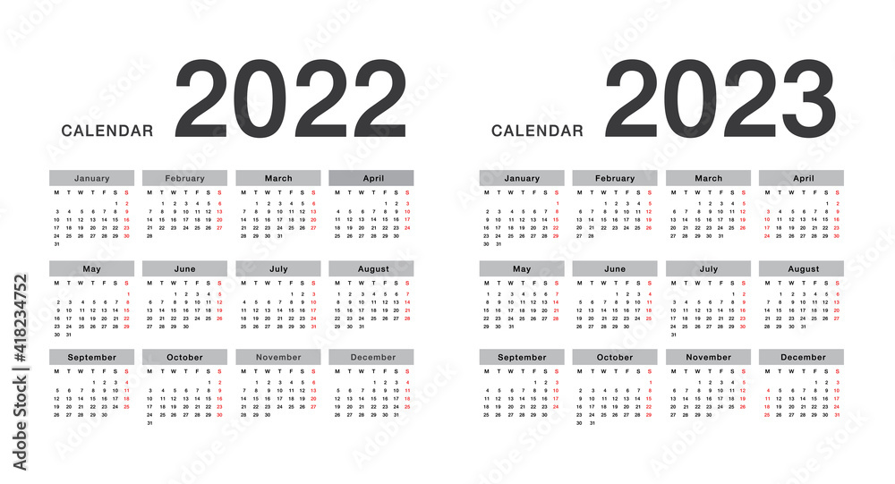 Year 2022 and Year 2023 calendar horizontal vector design template ...