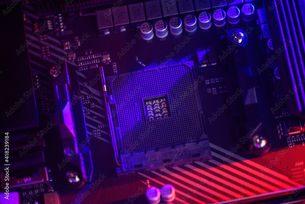 Socket am4. Close up of the AM4 socket for the motherboard with neon ...