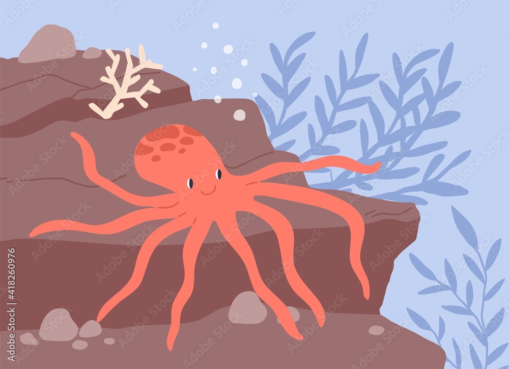 Underwater life of cute and funny octopus resting at seabed among ...