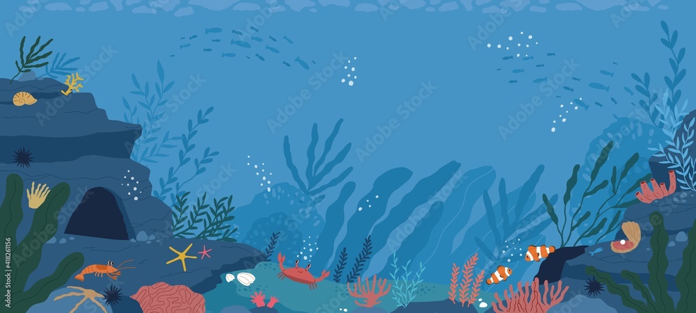 Underwater life at sea or ocean bottom. Exotic undersea world with ...