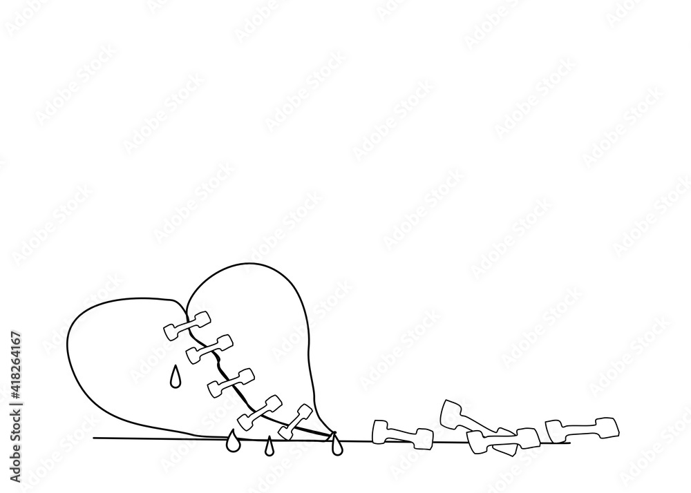 Line art of Broken heart was cut and sewed by zip tie. Sadness,Feeling ...