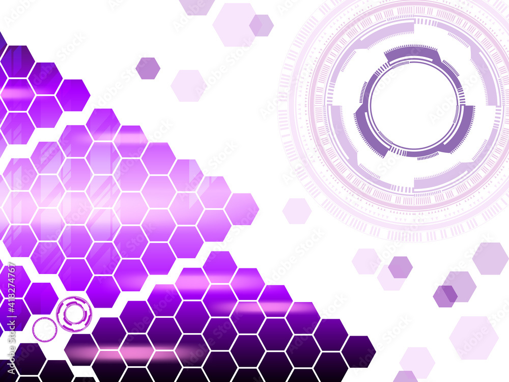 Vector background created by several objects and hexagons in purple ...
