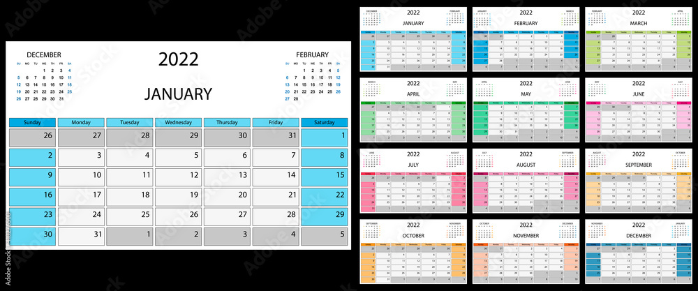 Calendar 2022 yearly. Week starts on Sunday. Vector illustration. Stock ...