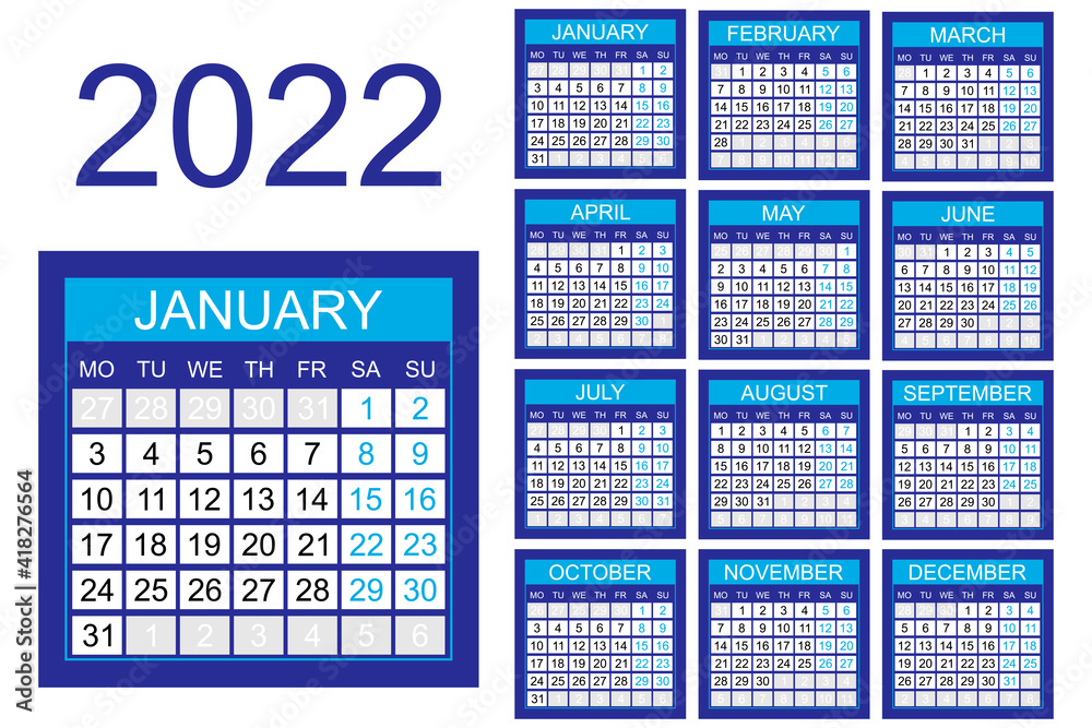 Calendar 2022 yearly. Week starts on Monday. Vector illustration. Stock ...