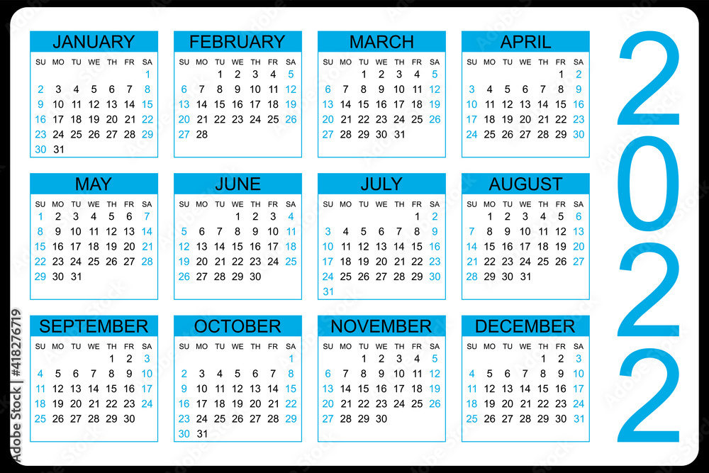 Calendar 2022 yearly. Week starts on Sunday. Vector illustration. Stock ...