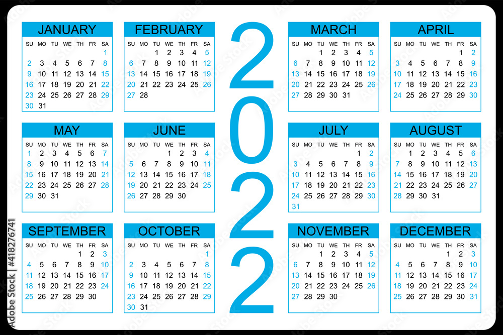 Calendar 2022 yearly. Week starts on Sunday. Vector illustration. Stock ...