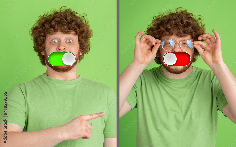 Hot temper. Mood switch on male face. Happy and angry, splitting ...