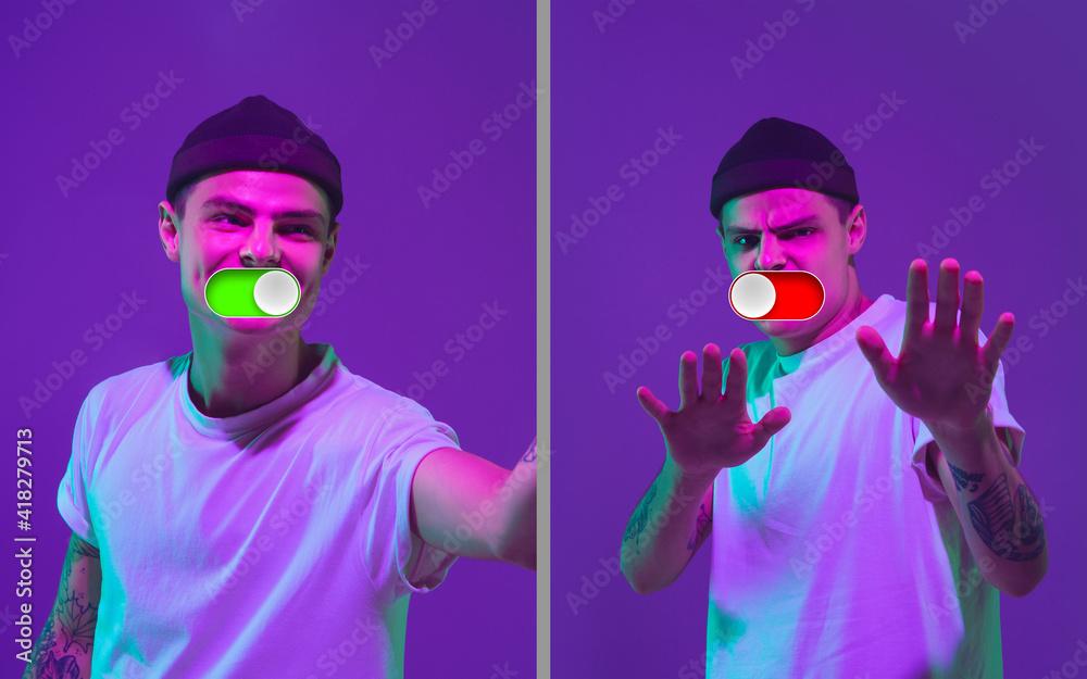 Neon story. Mood switch on male face. Happy and angry, splitting ...