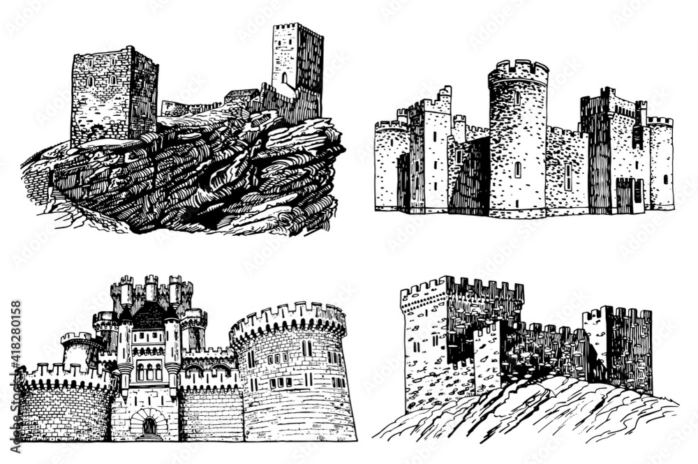 Graphical set of fortresses isolated on white background,vector ...