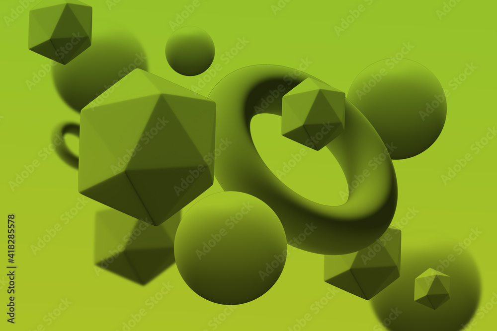 Floating Green Geometric Shapes On Green Background Mockup Stock ...