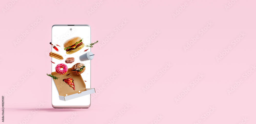 Fast food flying through the smartphone screen. Ordering online concept ...