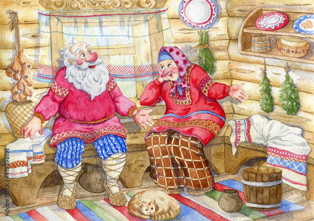 Couple of seniors dressed in traditional Russian folk costumes in the ...