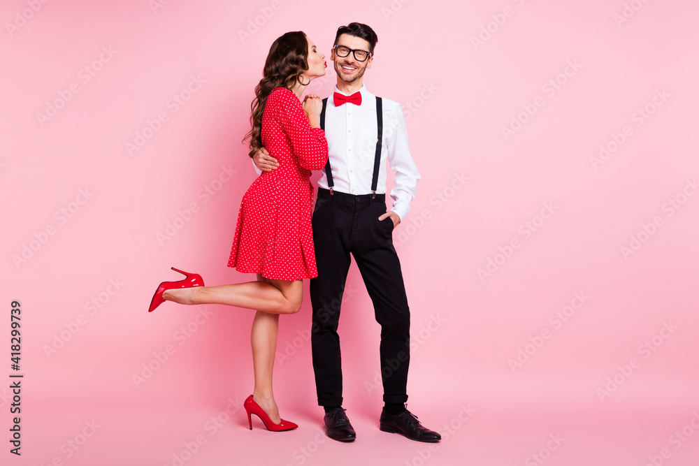 Full size photo of young girl kiss guy happy positive smile romantic ...