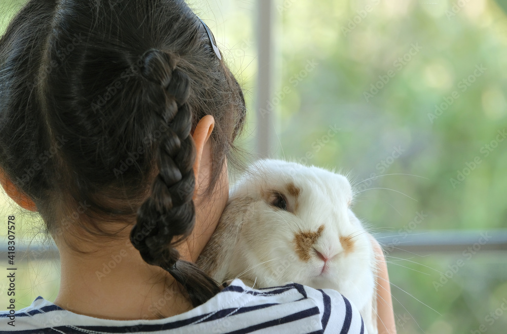 Cute adorable white rabbit sitting on the shoulder of young girl ...