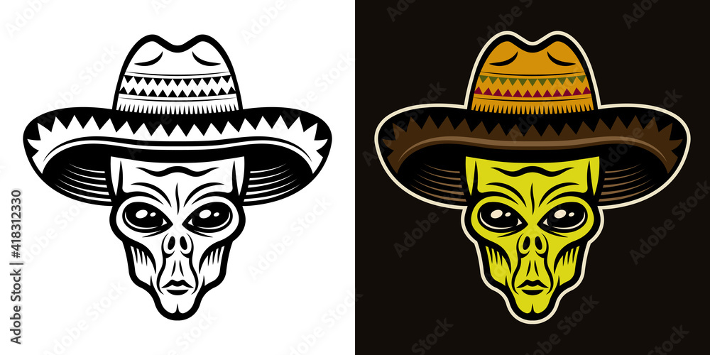 Alien head in sombrero hat vector illustration in two styles black on ...