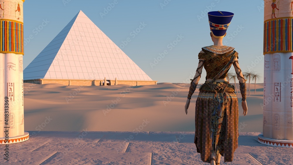 Queen Nefertiti admires the pyramids and desert views from the ancient ...