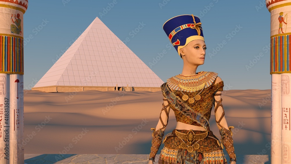 Queen Nefertiti in front of the great pyramid of Giza and a view of the ...