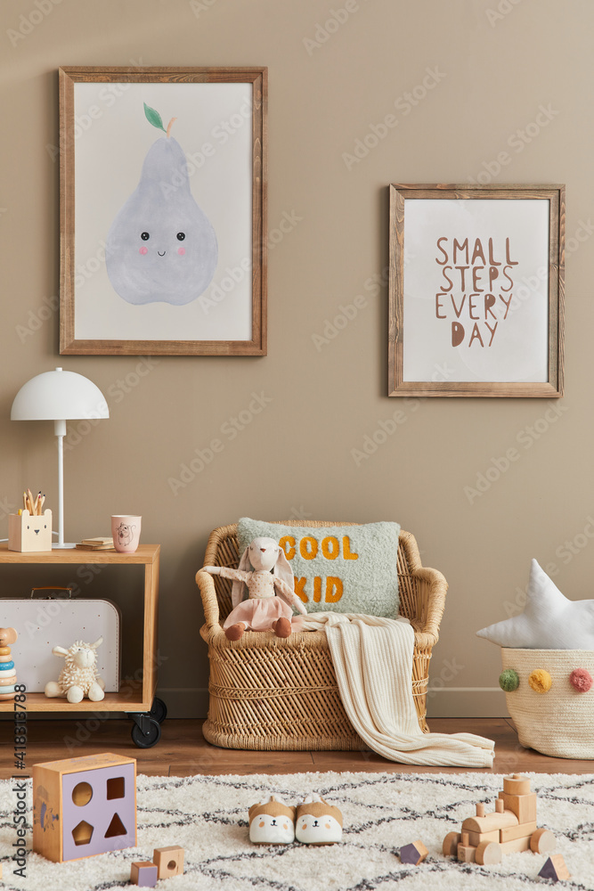 Stylish scandinavian kid room interior with toys, teddy bear, plush ...