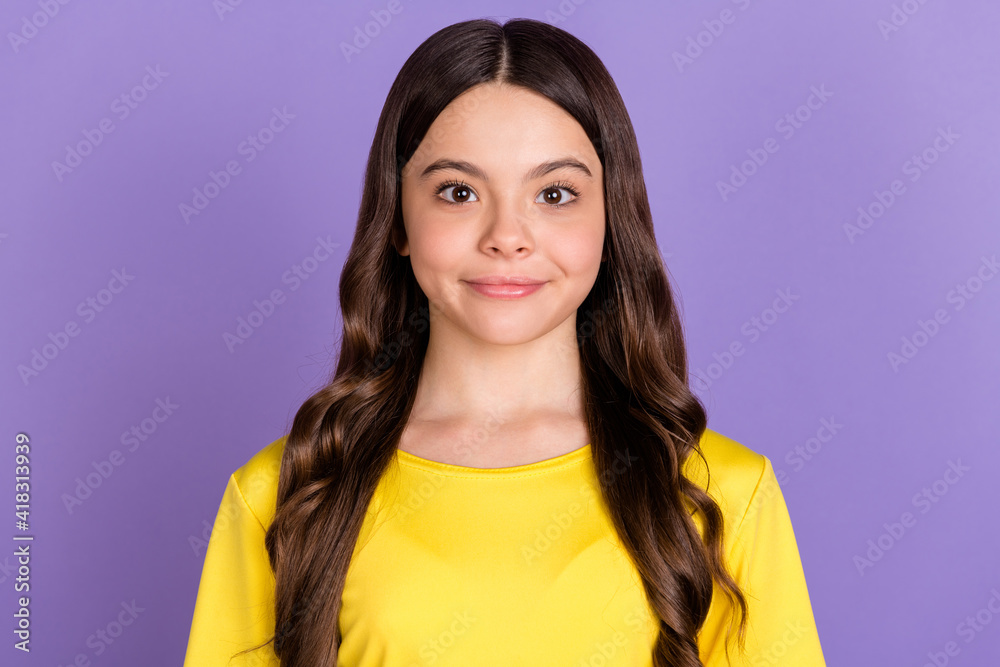 Portrait of nice optimistic brunette hairdo girl wear yellow t-shirt ...