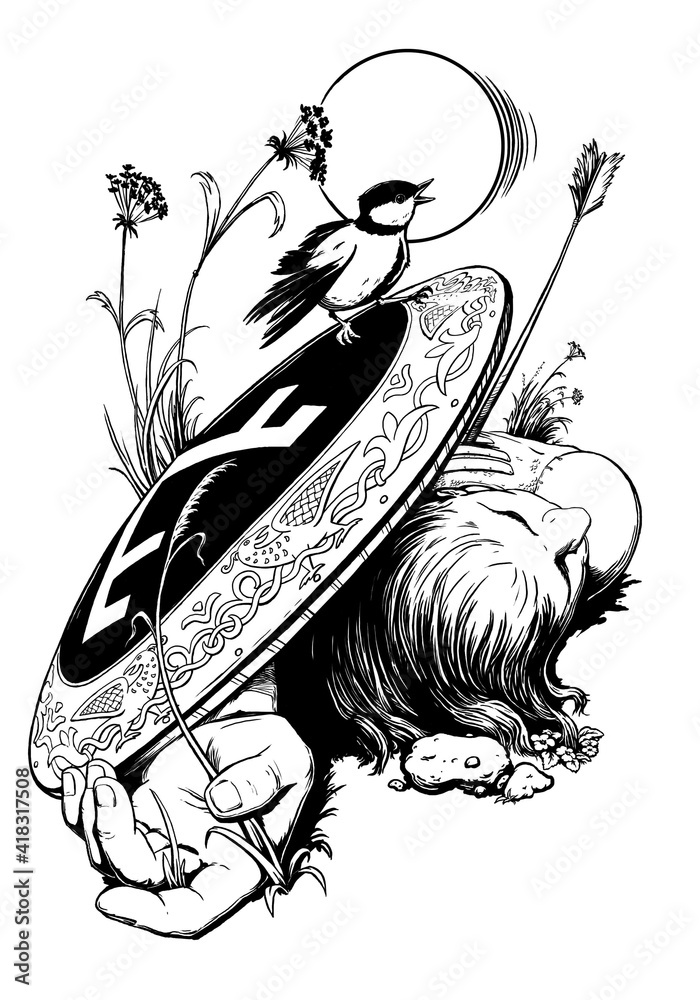 Fabulous black and white illustration. Drawing of the deceased warrior ...