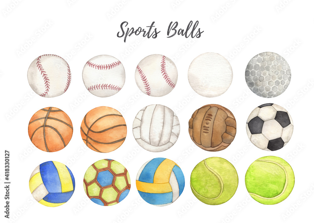 Watercolor Sports balls Hand drawn colorful clipart Stock Illustration ...