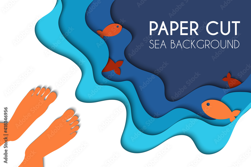 Paper cut sea background. Vector illustration, place for text. Feet on ...