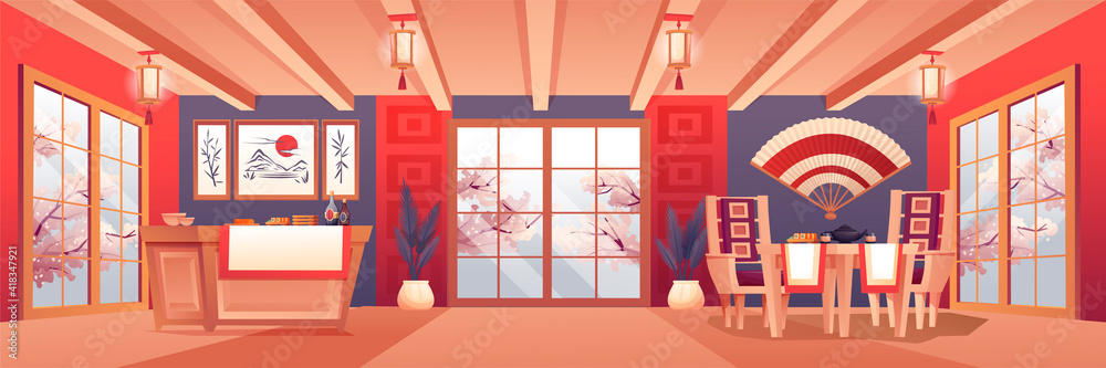 Japanese restaurant interior design background. Asian traditional ...