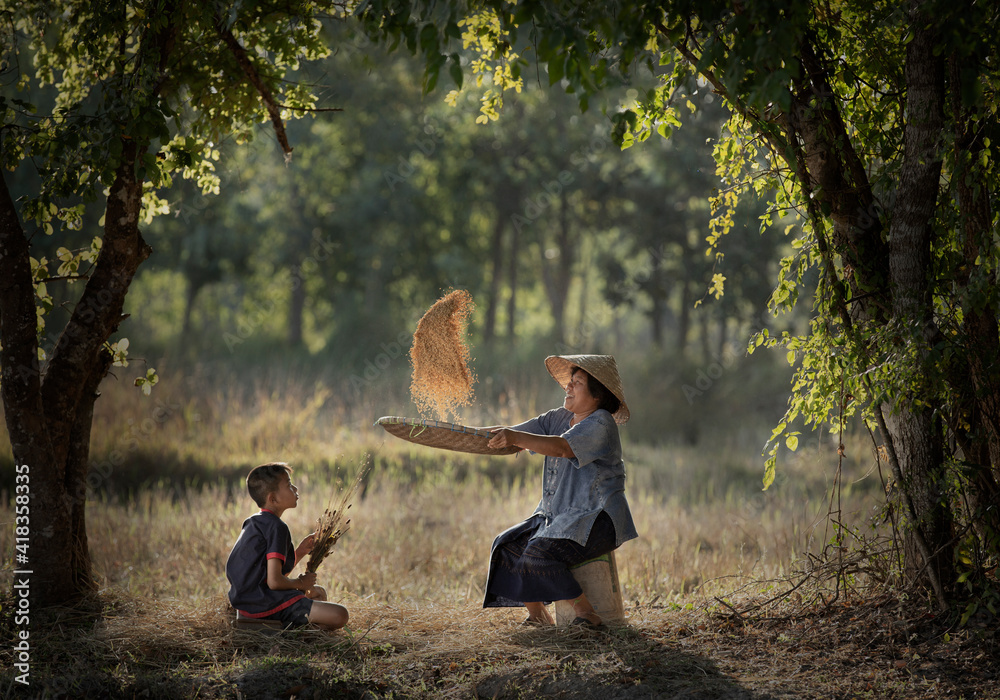 Mom showning his boy how to mill the rice with the traditional rice ...