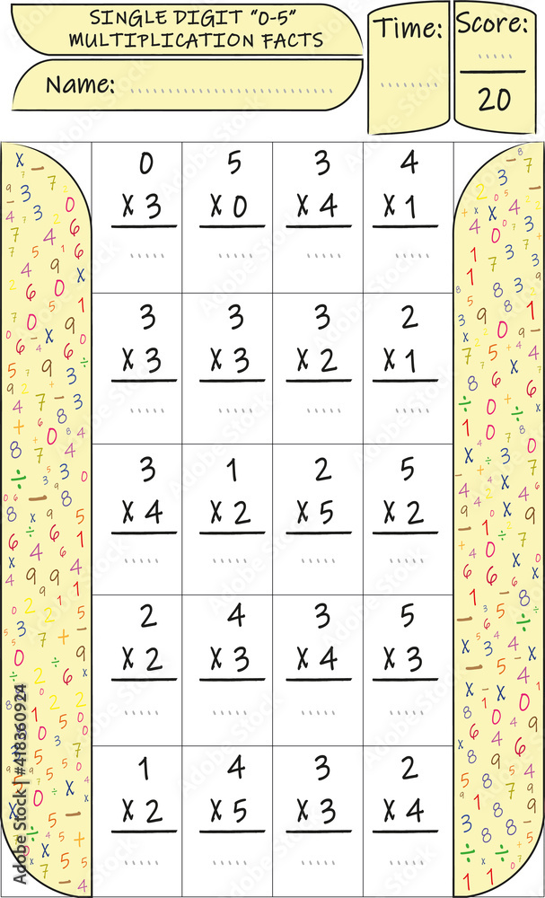 single digit multiplication facts worksheet math for kids Stock ...