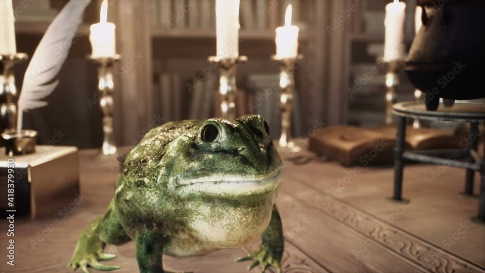 On the alchemist's table is a green big toad and a pot of steaming ...